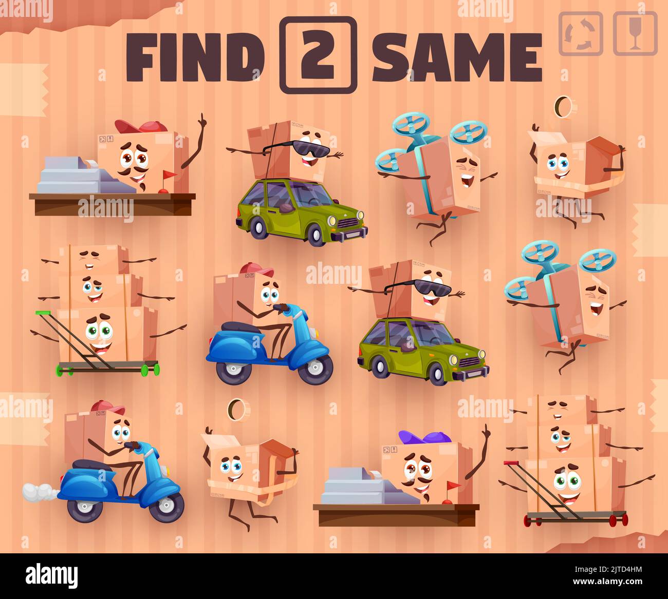Find two same cartoon package box characters. Educational riddle, kids ...