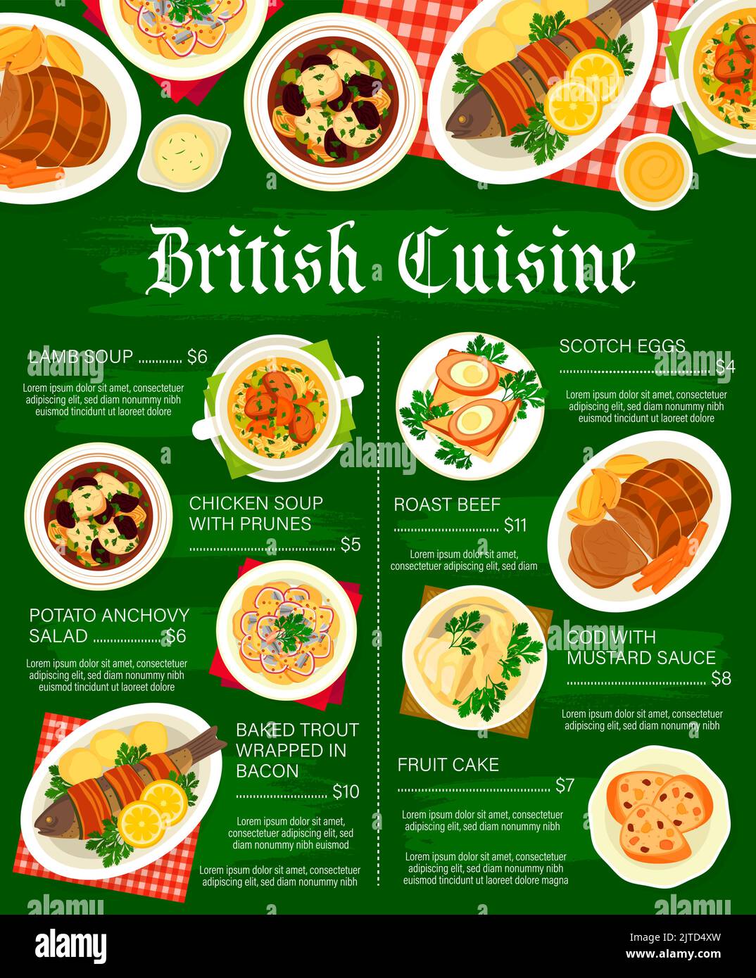 British cuisine menu vector template. Baked trout wrapped in bacon ...