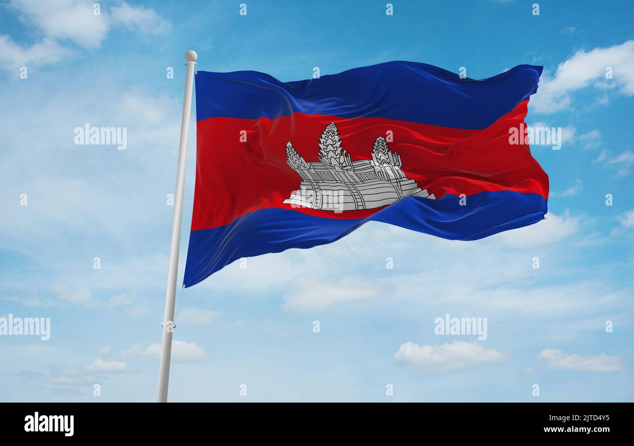 flag of Austroasiatic peoples Cambodians Khmer people at cloudy sky ...