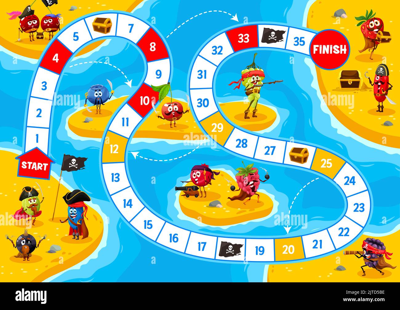 Step board game, cartoon berry pirates and corsairs on island. Kids ...