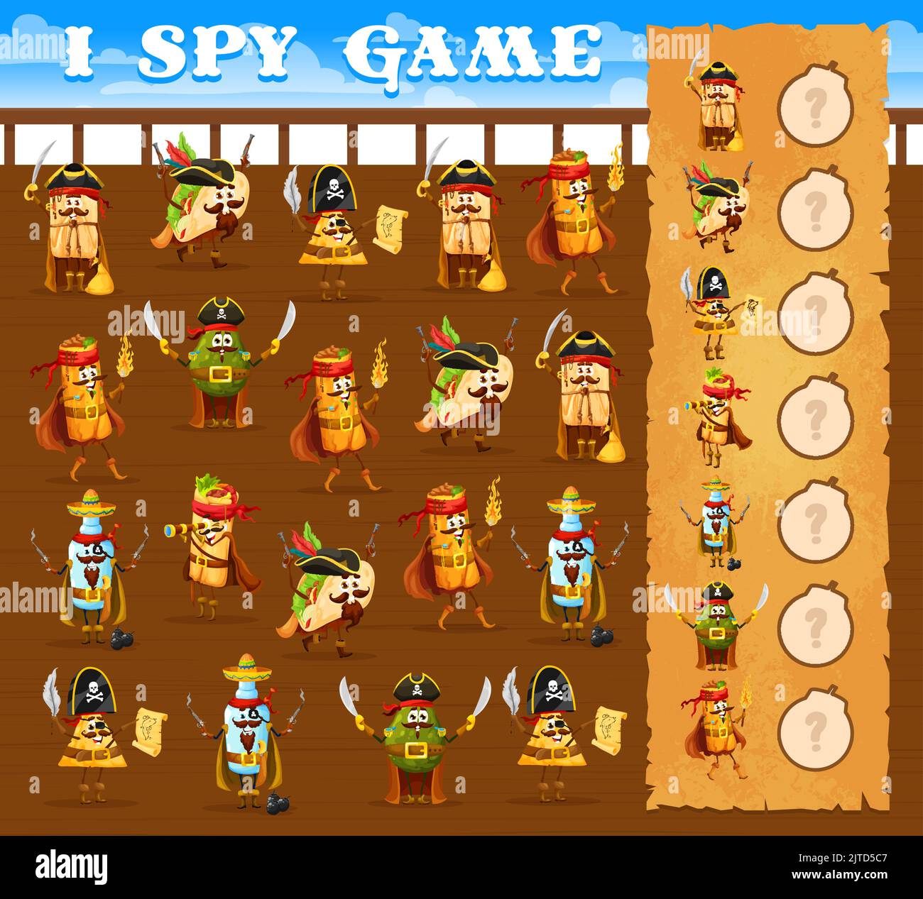 I spy game, cartoon mexican food pirate and corsair characters. Kids ...