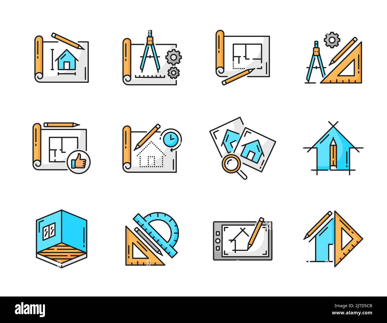 Architect development and interior design icons. House plan, building ...