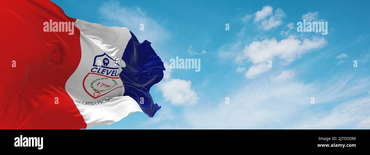 official flag of Cleveland, Ohio untied states of America at cloudy sky ...