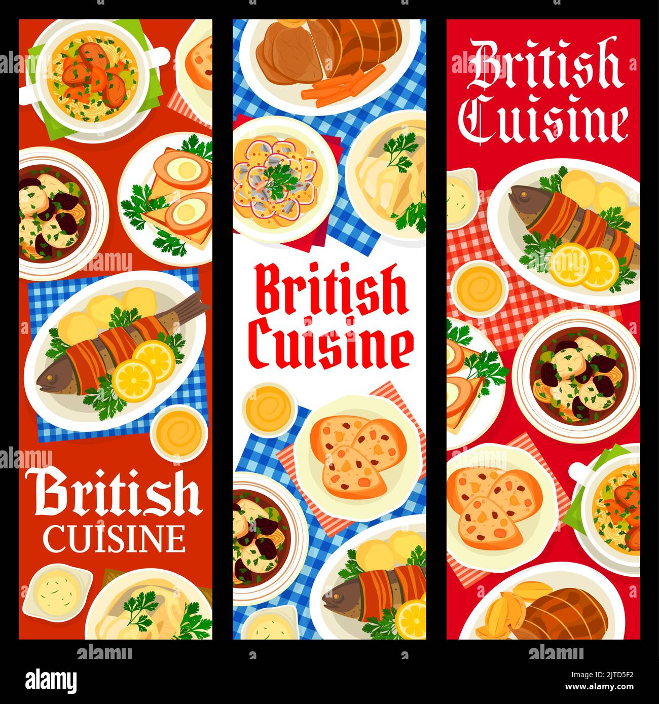 British cuisine restaurant banners. Chicken soup with prunes, Scotch ...