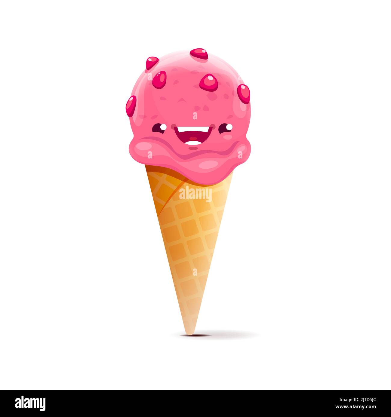 Cartoon ice cream dessert character, kawaii strawberry waffle cone ...