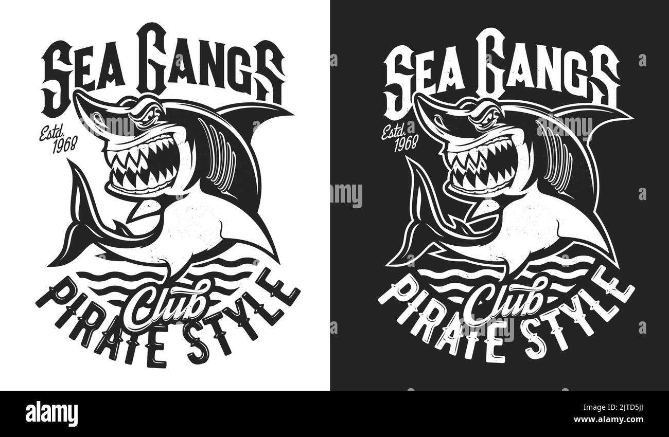 Angry shark mascot, diving sport club t-shirt print. Vector emblem of ...