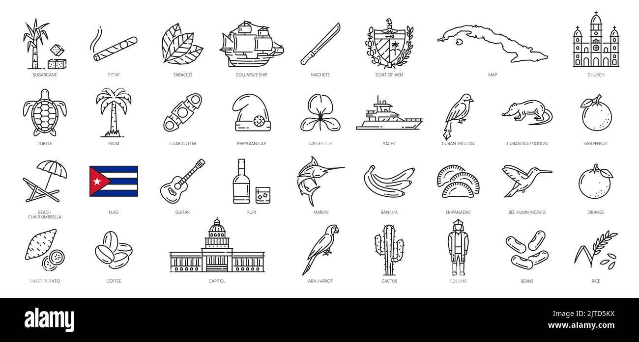 Cuba outline icons, travel landmarks and attractions vector symbols ...