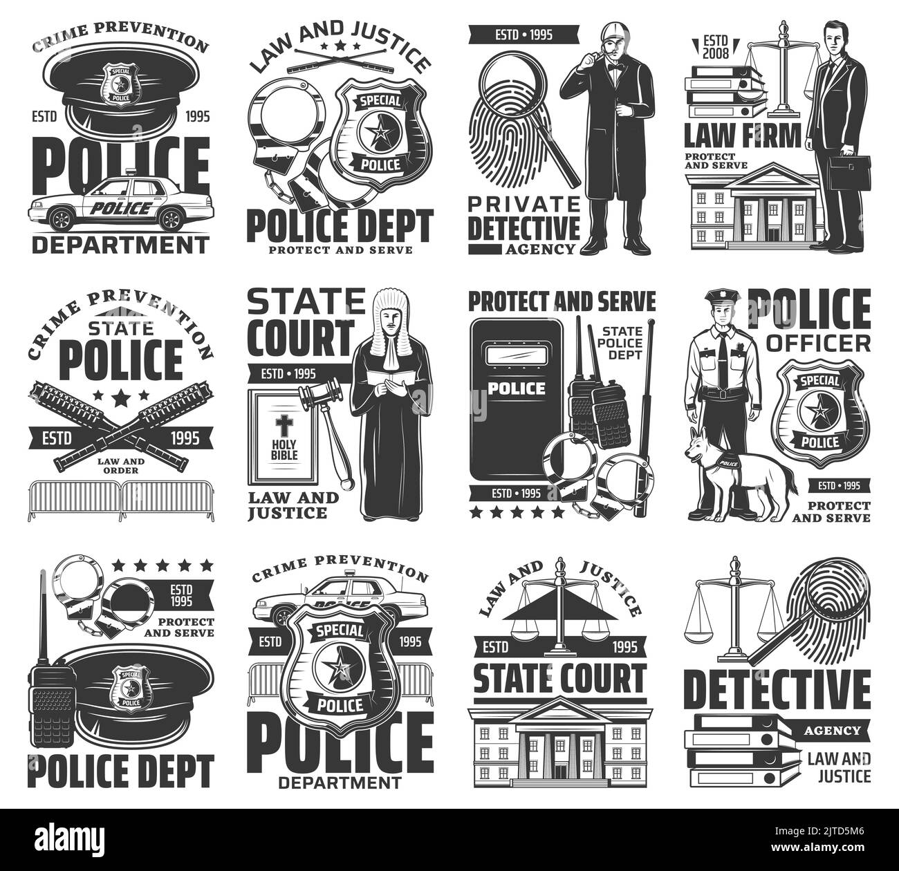 Law and order vector icons state court, police officer with dog, judge ... Law and order vector icons state court, police officer with dog, judge ...