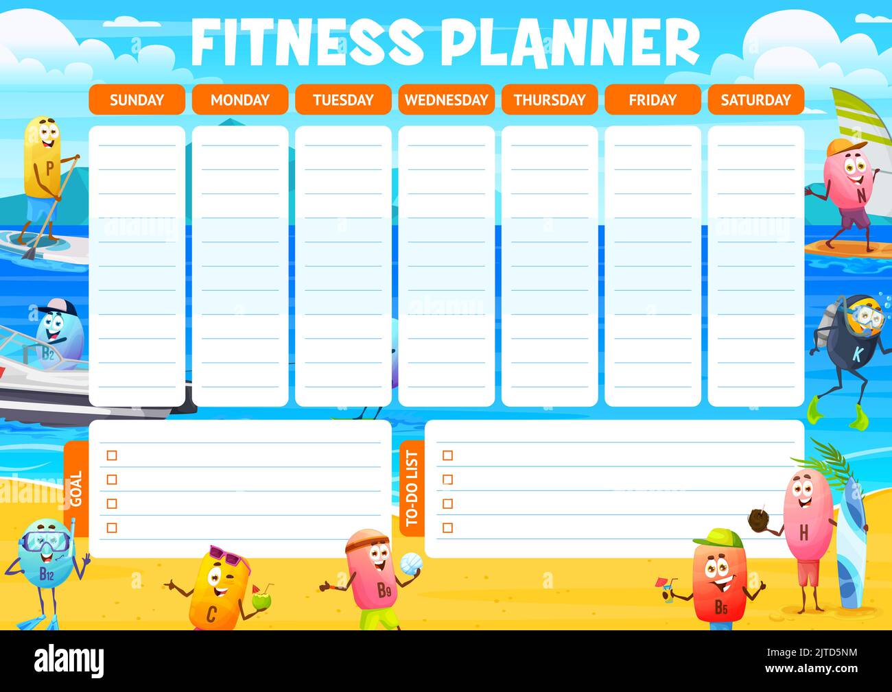 Fitness planner schedule. Cartoon vitamins on summer beach vacation ...