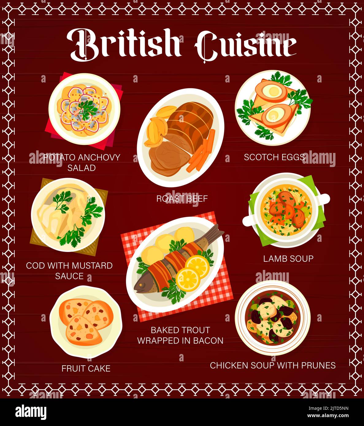 British cuisine menu page template. Potato anchovy salad, Scotch eggs ...