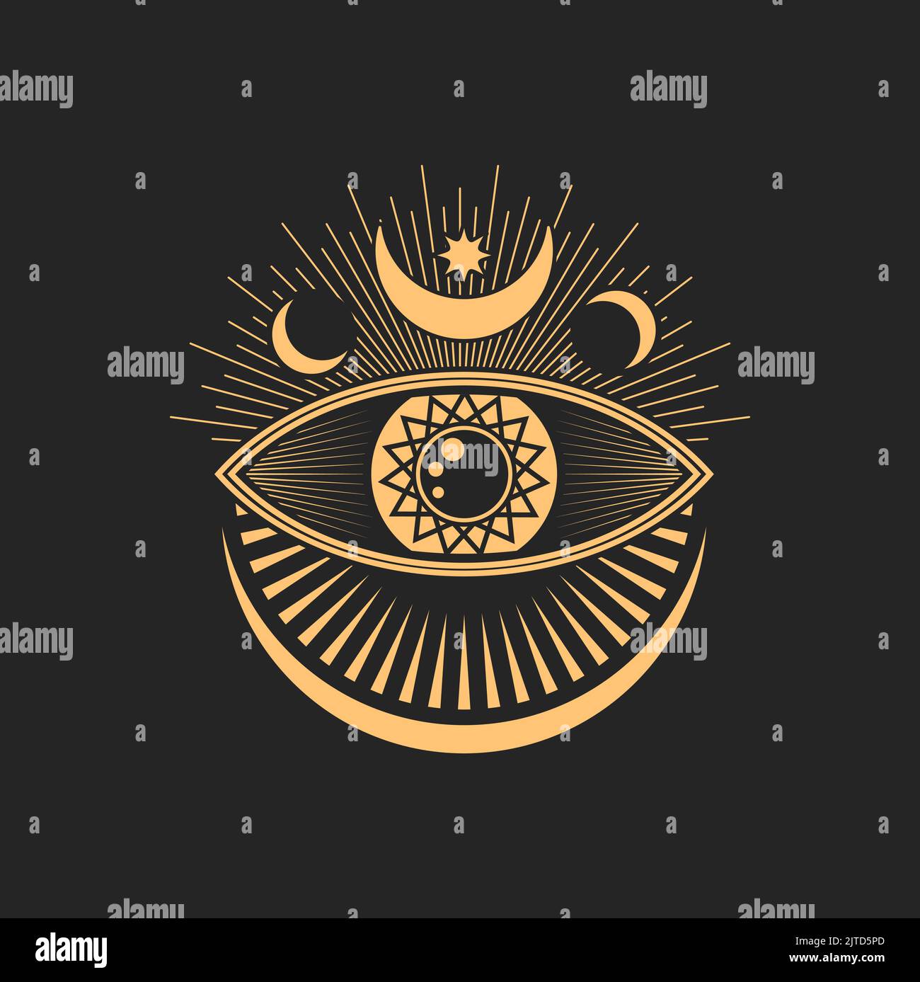 Occult eye and moon, pentagram and sun rays isolated tattoo esoteric ...