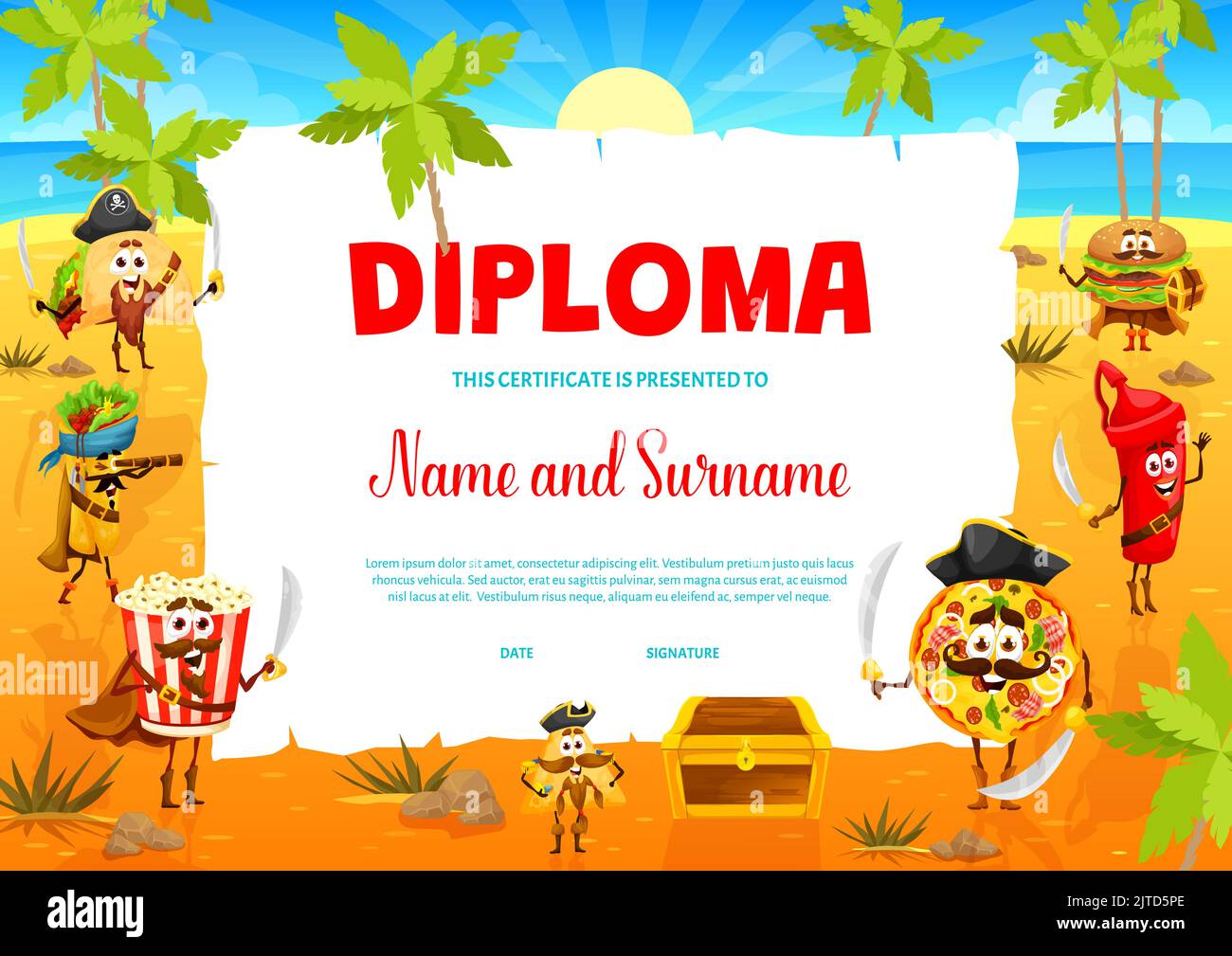 Kids diploma, cartoon captain and pirates fastfood characters on ...