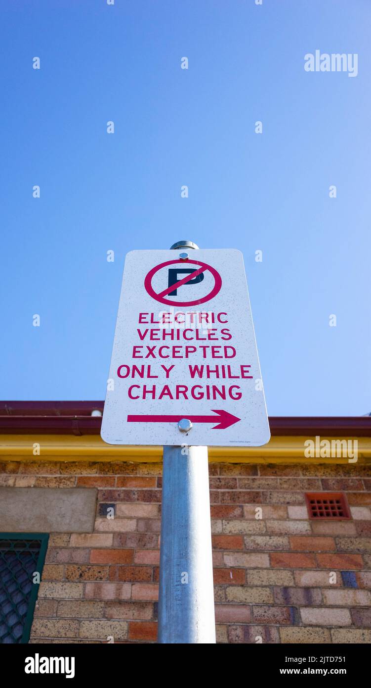 Sign for the NRMA electric vehicle fast charger behind the historic ...
