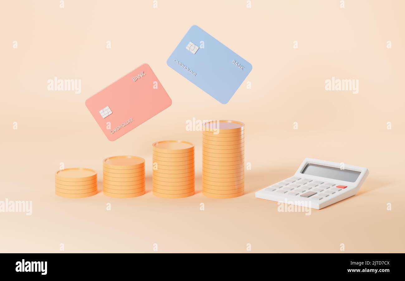 A calculator and bank card with yellow background, 3d rendering ...