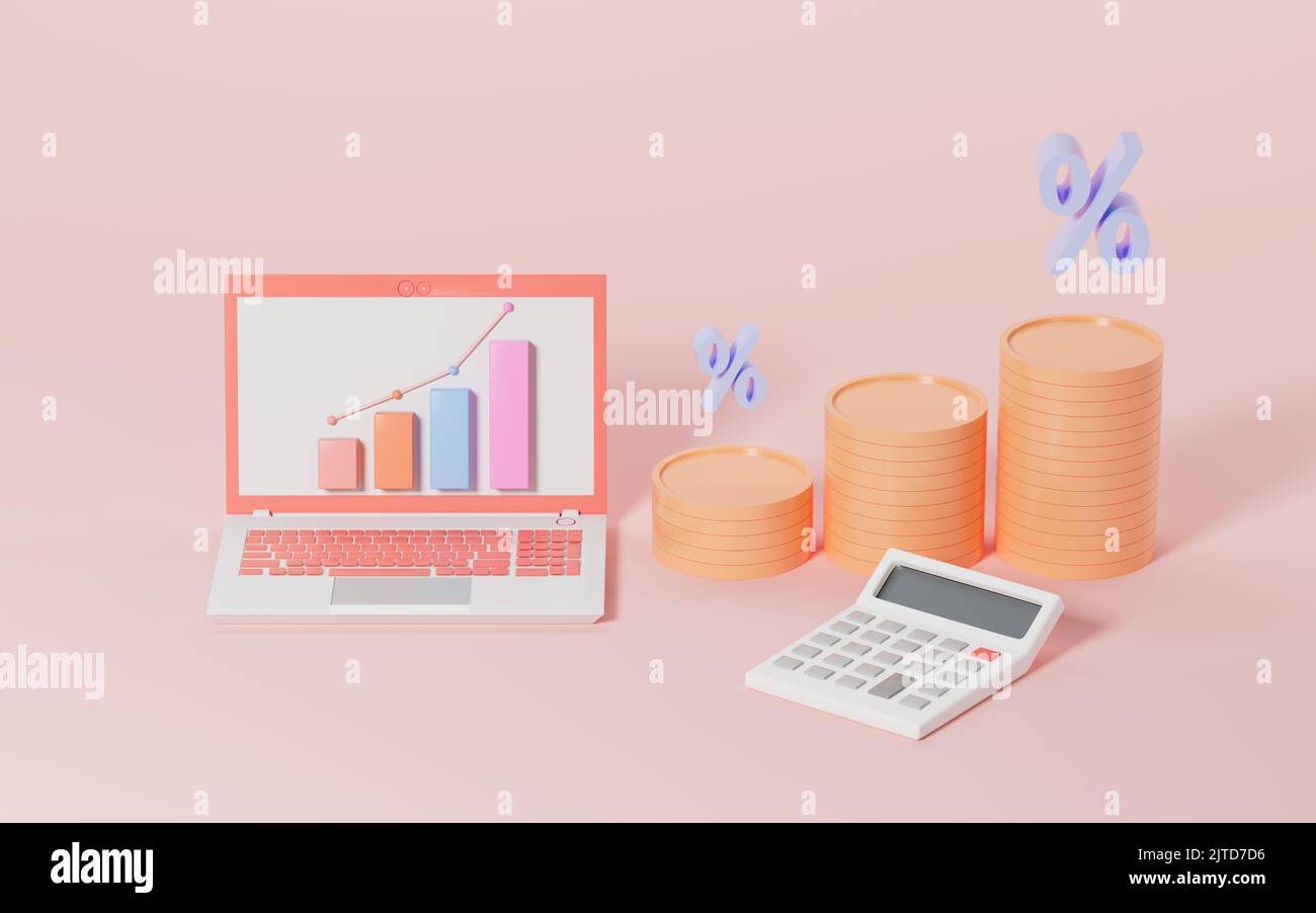 A computer with graph reflects the rise in loan rates, coins and ...