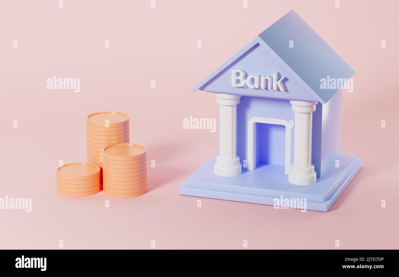 Coins and bank with pink background, bank deposit and withdrawal ...