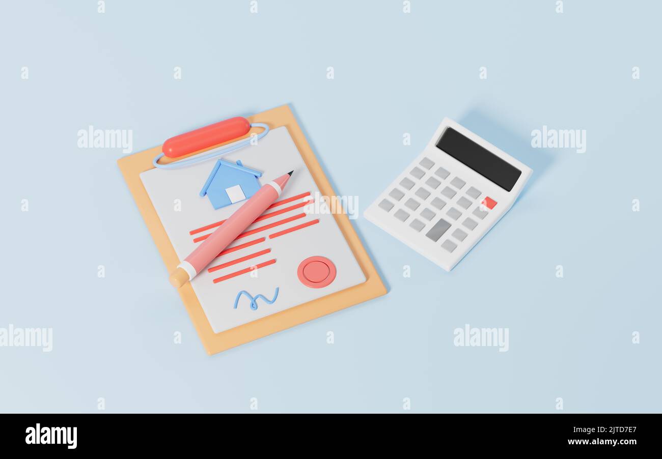House lease, sale, mortgage contract and calculator with blue ...