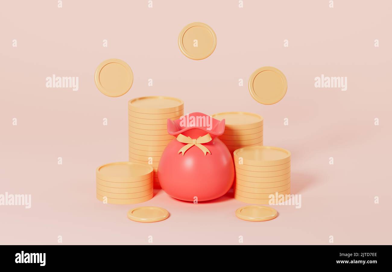 Coins falling and wallet with pink background, 3d rendering. Computer ...