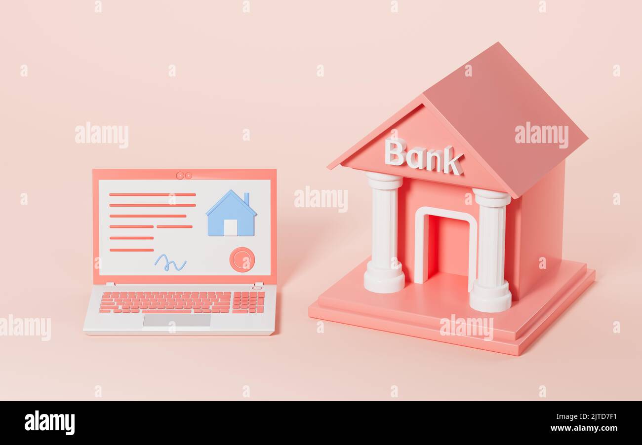 A computer with electronic contract, and bank with pink background, 3d ...