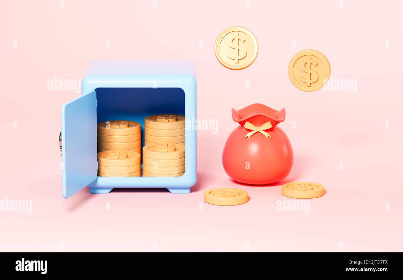 Coins in the opening save box and wallet with pink background, 3d ...