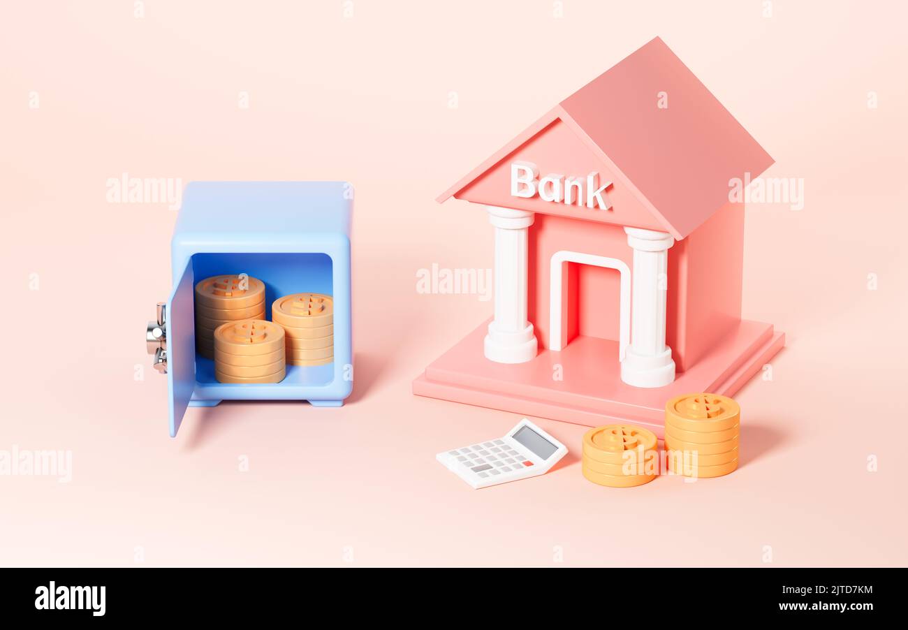 Coins in the opening save box and bank with orange background, 3d ...