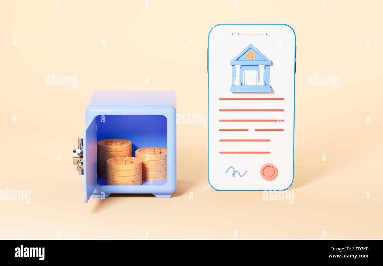 Opening save box and Online bank with yellow background, 3d rendering ...