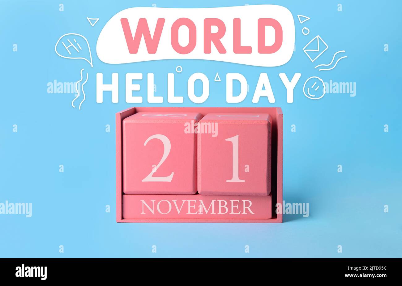 Greeting card for World Hello Day with calendar on blue background ...