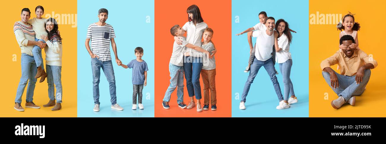 Collage with different family members on colorful background Stock ...