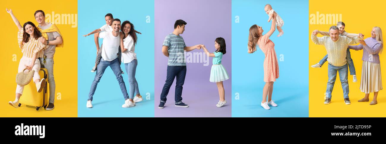 Collage with different family members on colorful background Stock ...