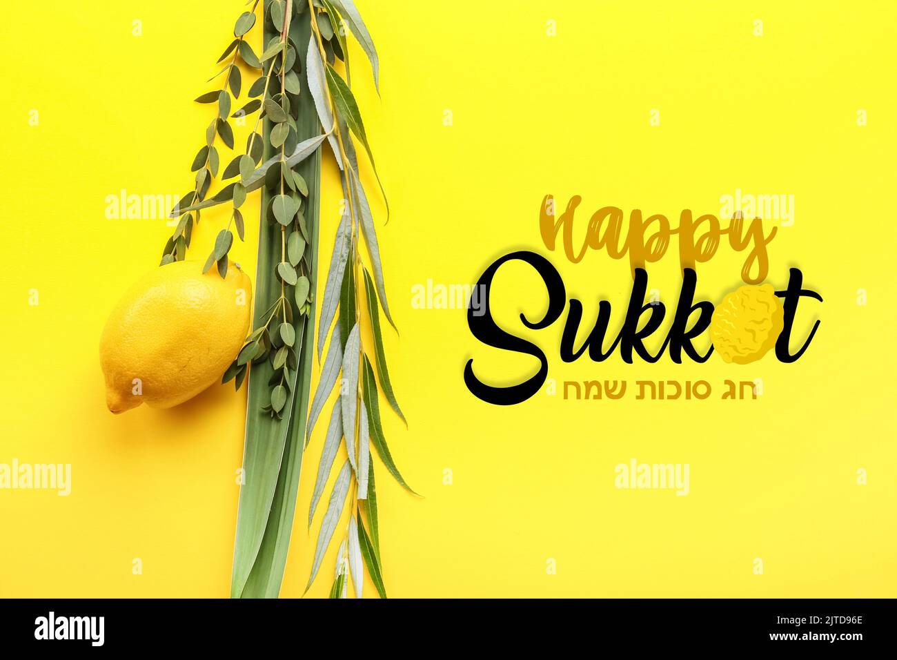 Greeting card with Sukkot festival symbols on yellow background Stock ...