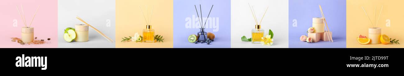 Collage with different reed diffusers on colorful background Stock ...