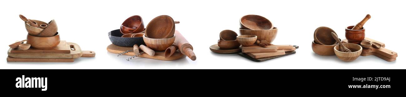 Set of wooden kitchenware on white background Stock Photo - Alamy