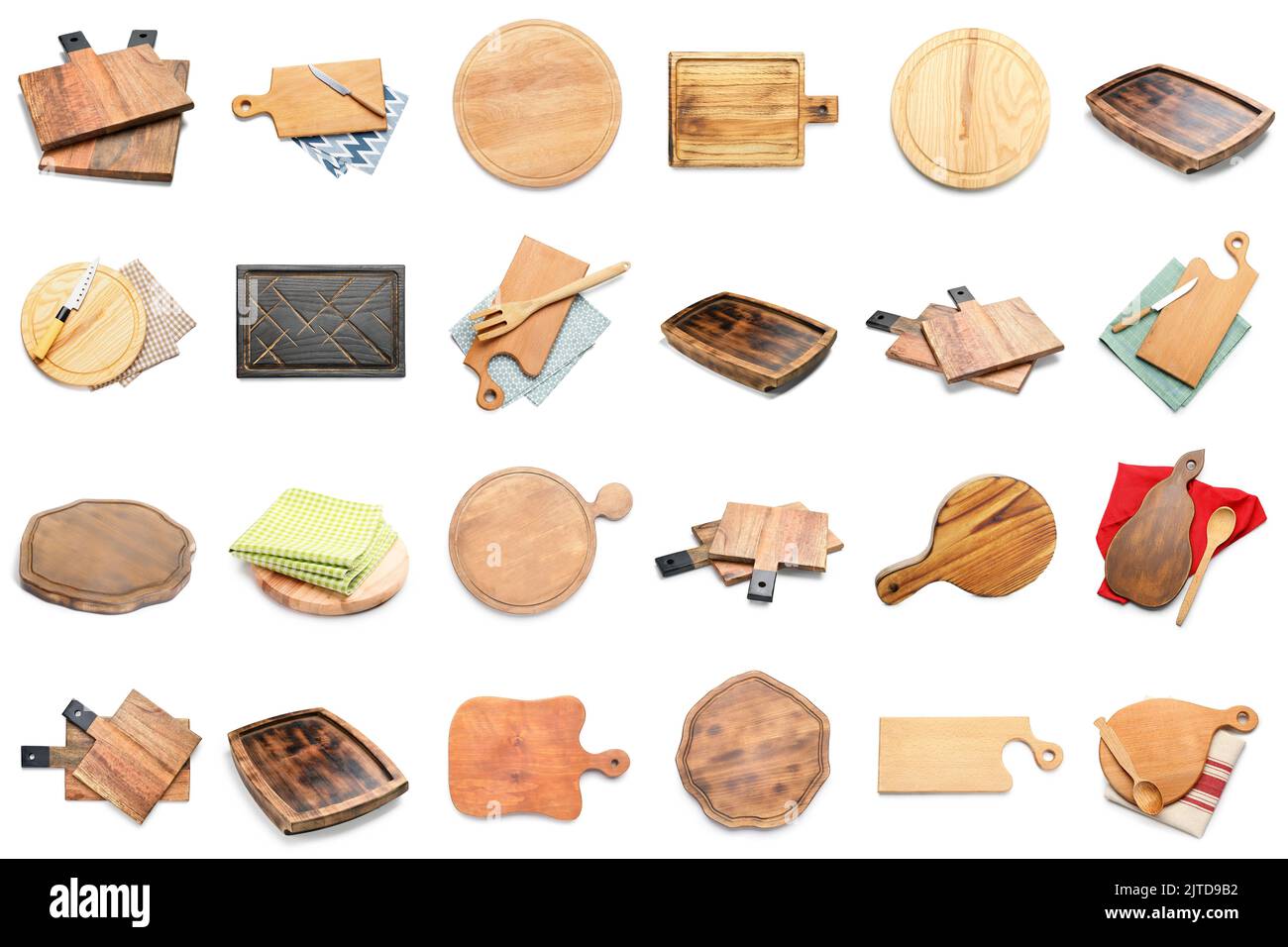 Set of different wooden boards on white background Stock Photo - Alamy