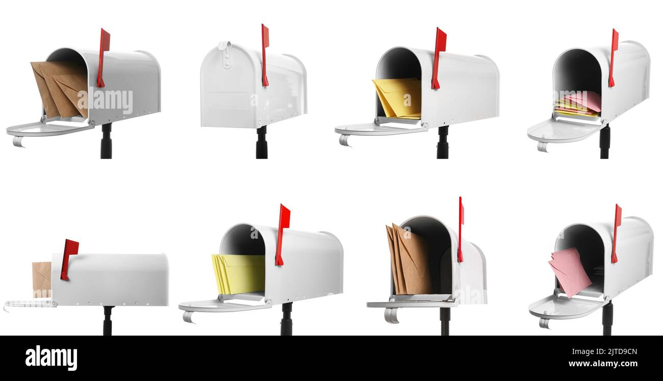 Set of mail boxes on white background Stock Photo - Alamy