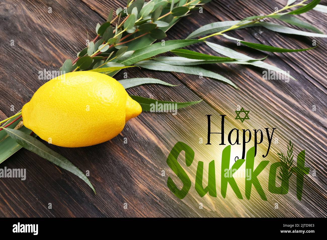 Greeting card with Sukkot festival symbols on wooden background Stock ...