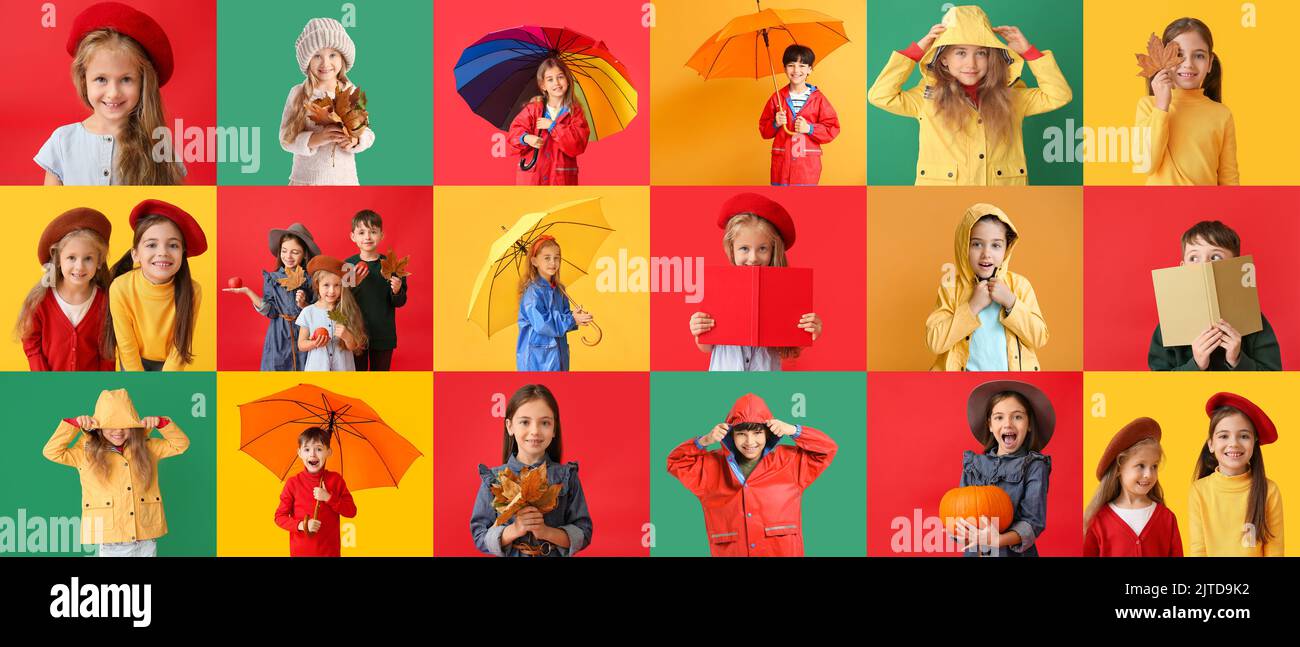 Collage with cute children in autumn clothes on colorful background ...
