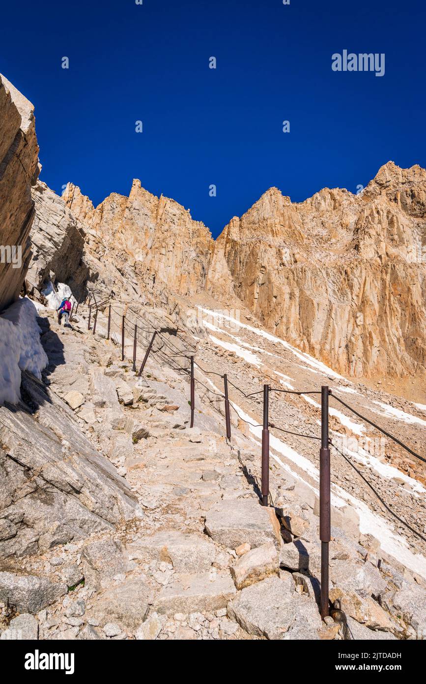 Hiker on the Mount Whitney Trail switchbacks, John Muir Wilderness ...