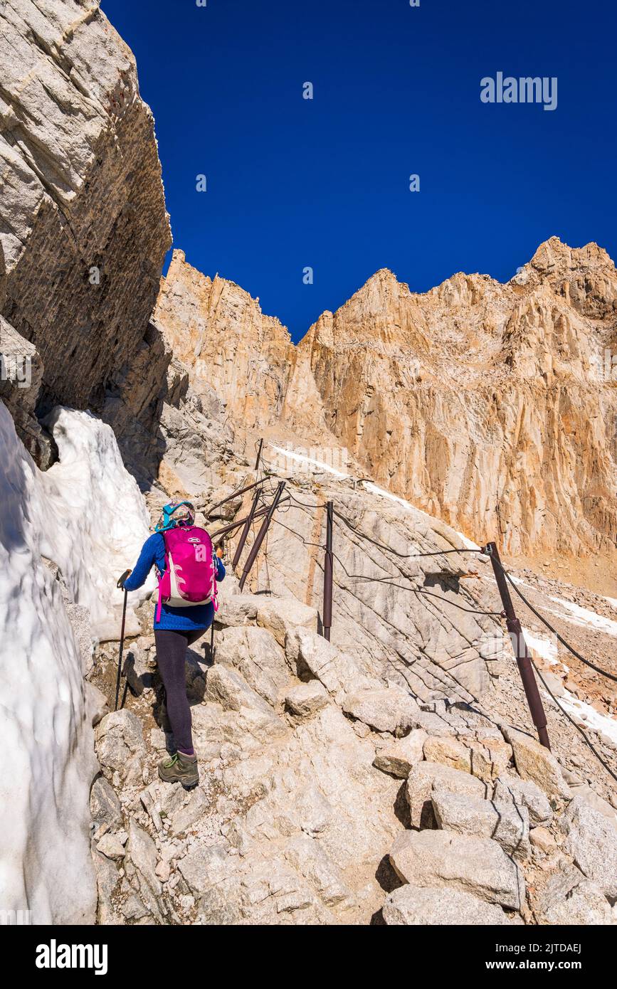 Hiker on the Mount Whitney Trail switchbacks, John Muir Wilderness ...