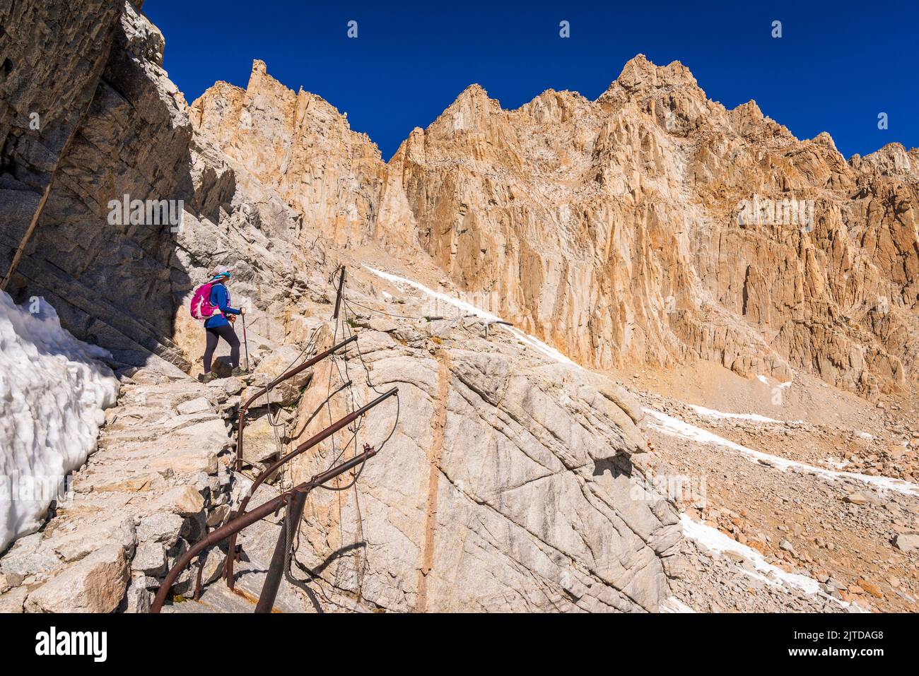Hiker on the Mount Whitney Trail switchbacks, John Muir Wilderness ...