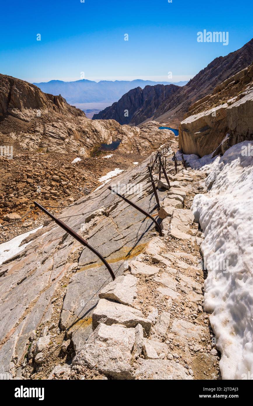 Railing on the Mount Whitney Trail switchbacks, John Muir Wilderness ...