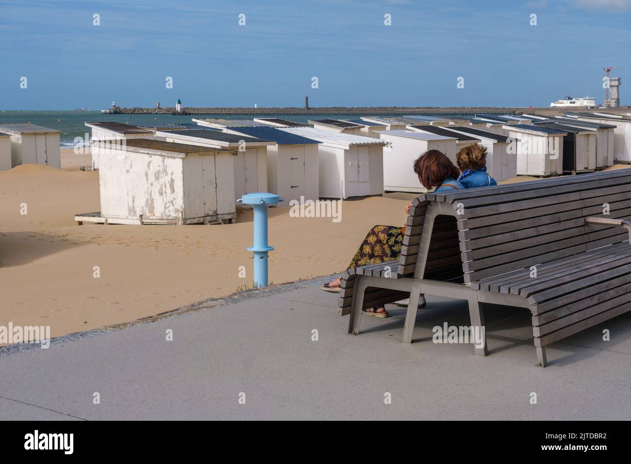 Calais, France - 19 June 2022: Calais Beach with white beach cabins ...