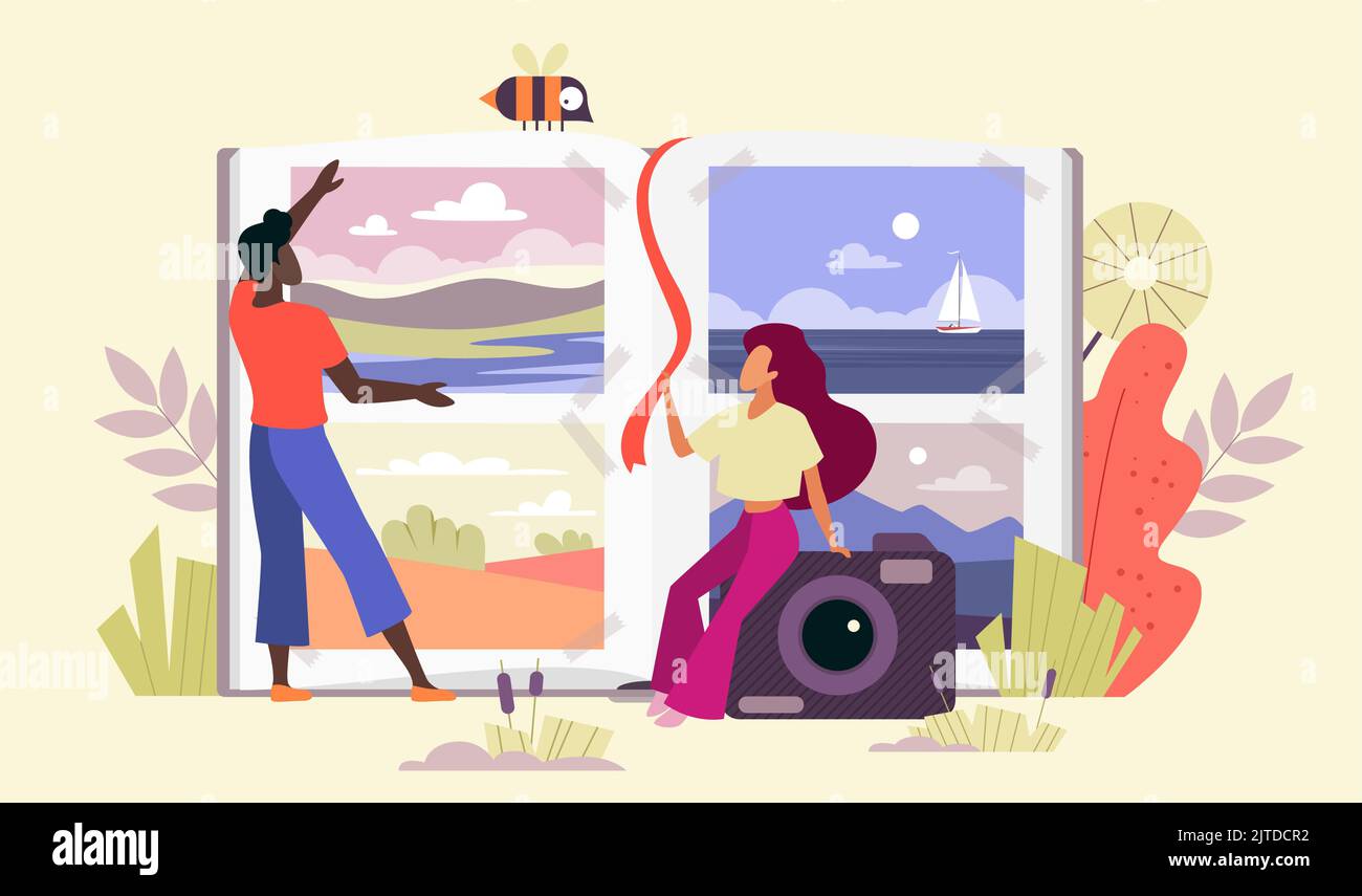 Memory photo album vector illustration. Cartoon tiny characters remember summer travel excursion ...