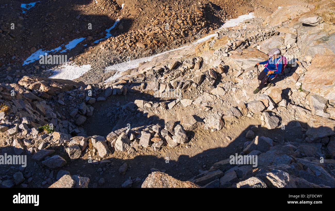 Hiker on the switchbacks on the Mount Whitney Trail, John Muir ...