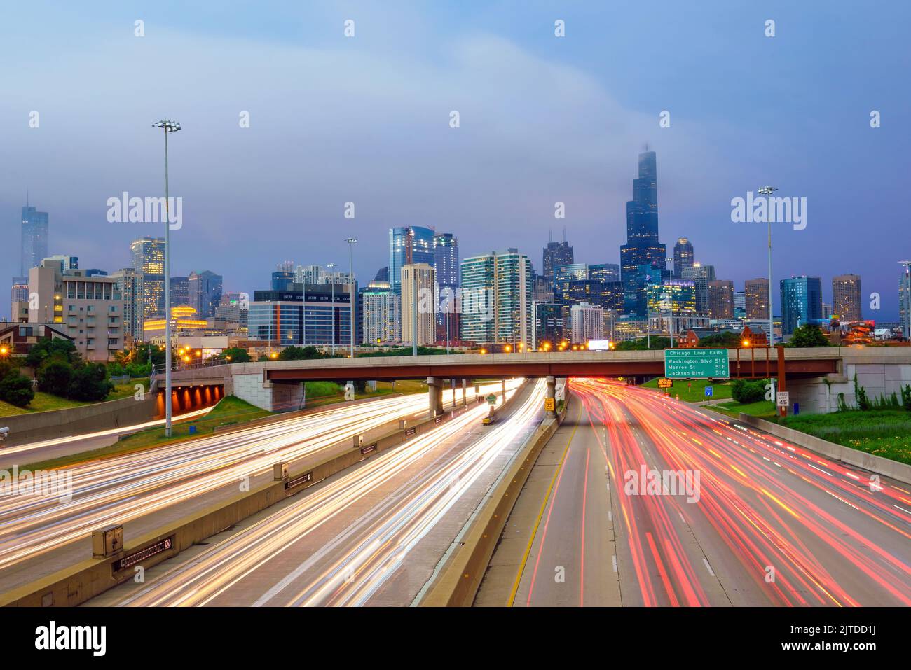 Chicago downtown skyline at twilight with highway and traffic Stock ...