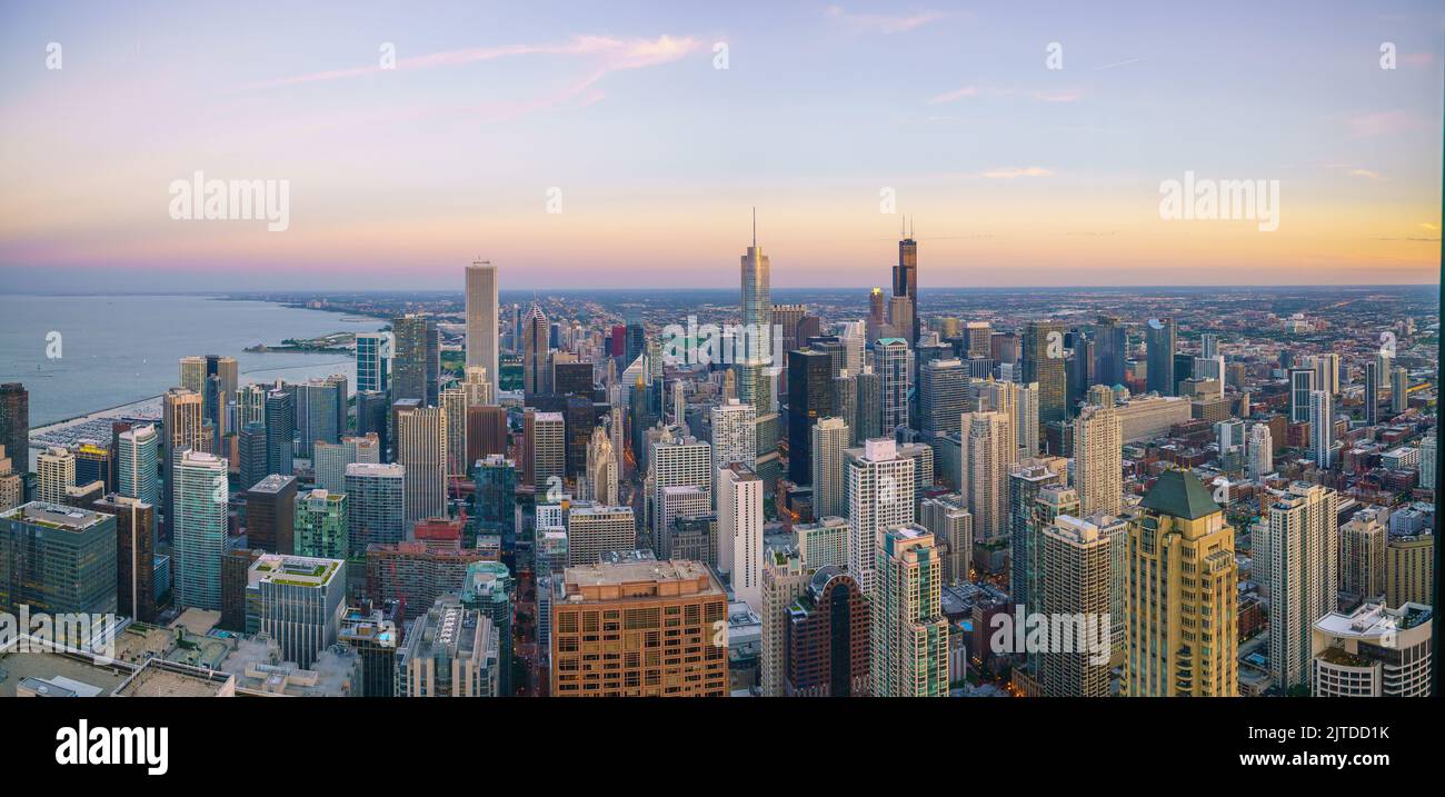 Aerial view of Chicago downtown skyline at sunset from high above Stock ...