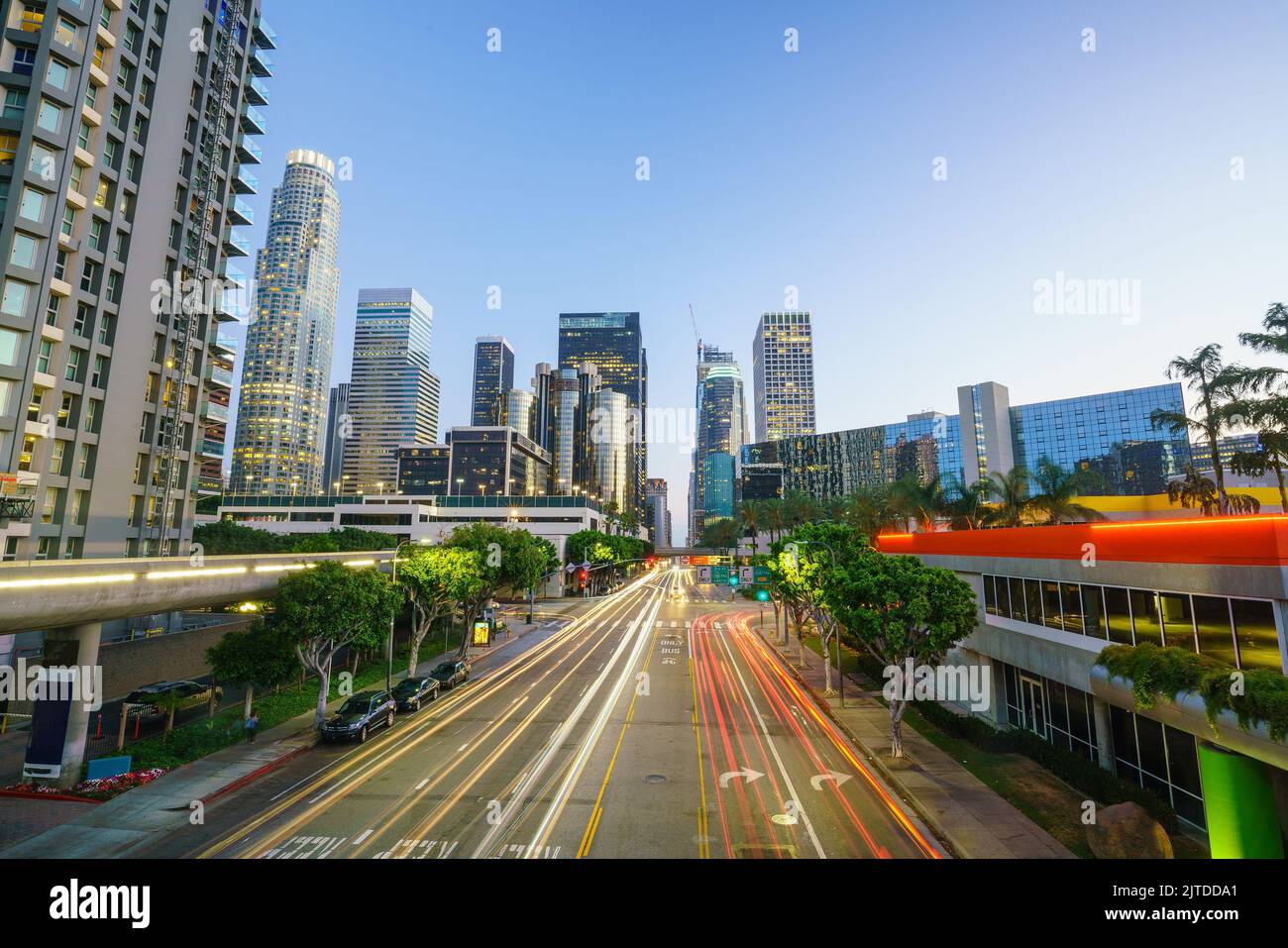 Downtown Los Angeles skyline during rush hour at twilight Stock Photo ...