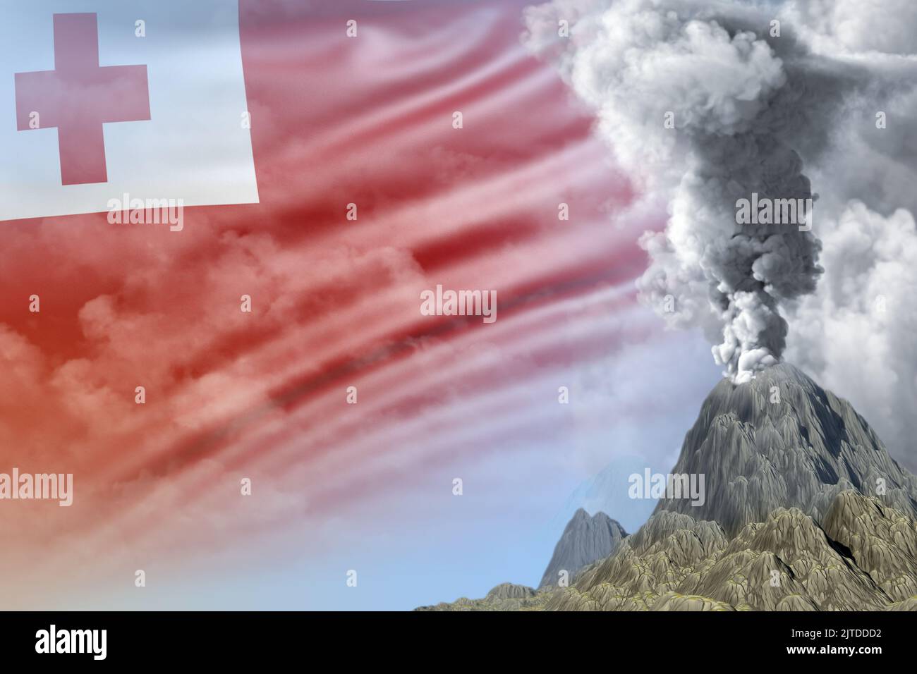 conical volcano blast eruption at day time with white smoke on Tonga ...