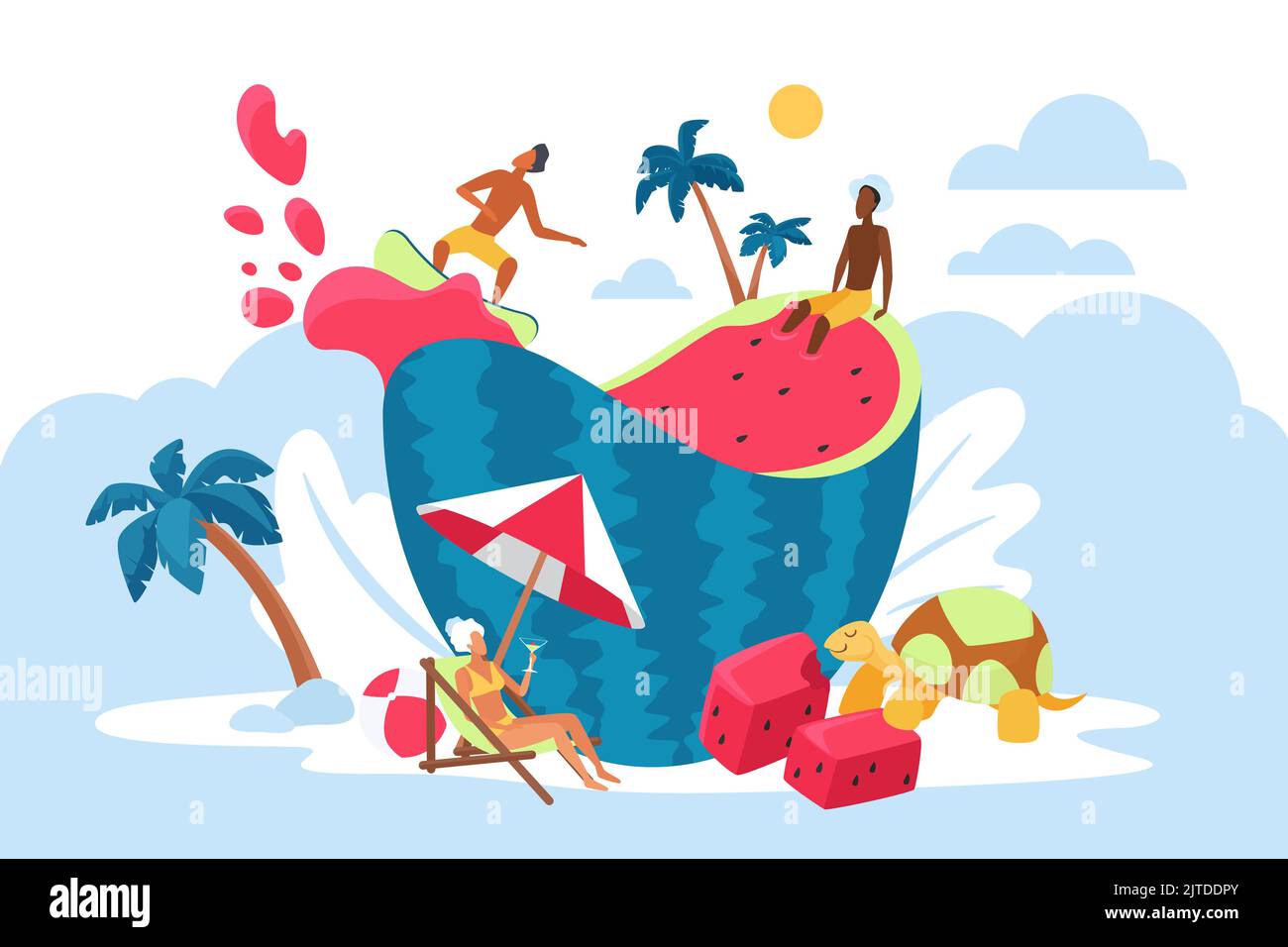 Watermelon pool party and tiny people vector illustration. Cartoon ...