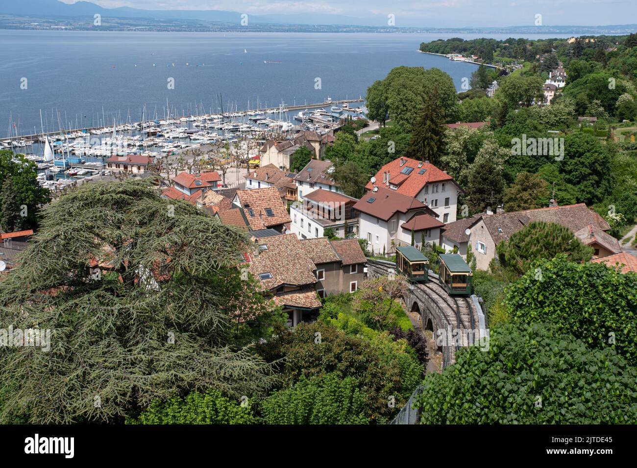 View of the city of Thonon les Bains in France with its port and its ...