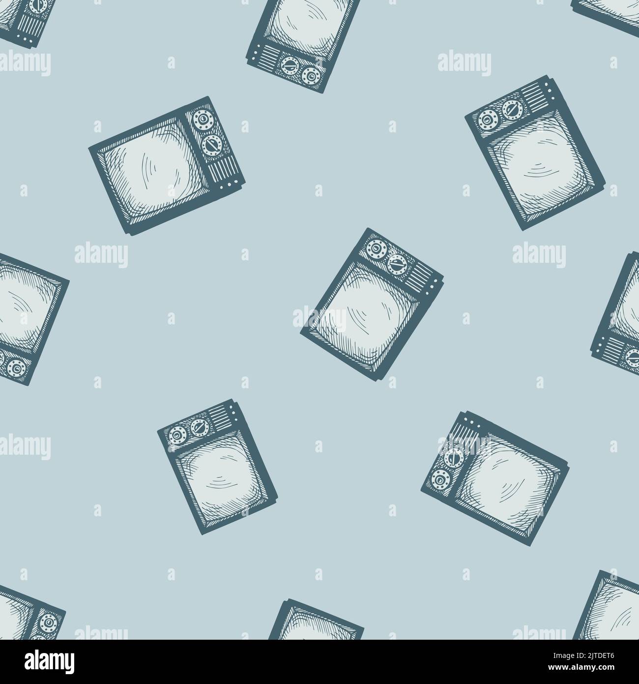 Retro TV engraved seamless pattern. Vintage television media in hand ...